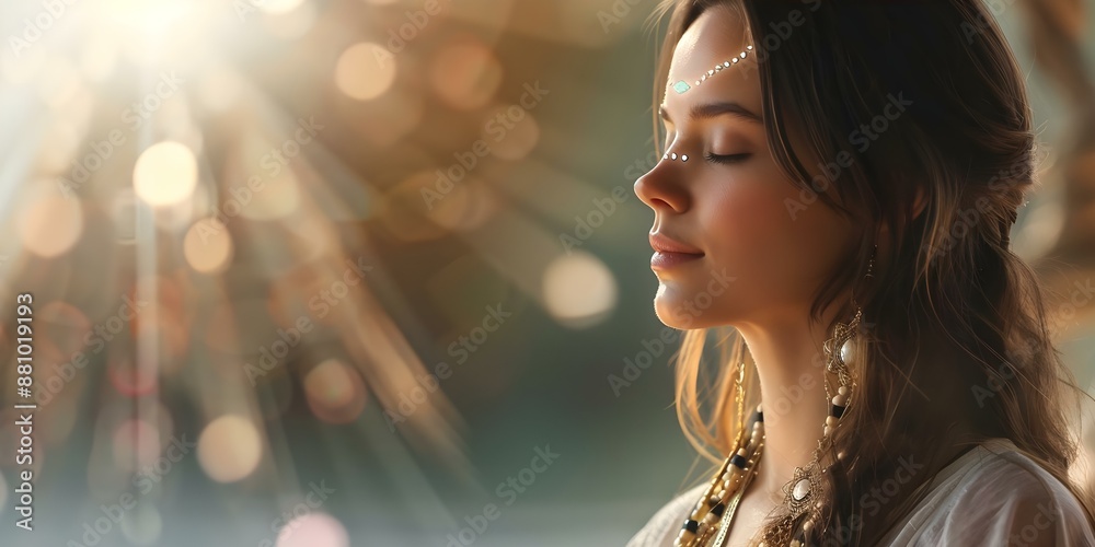 Girl meditating emitting aura focusing on root chakra adorned in ...