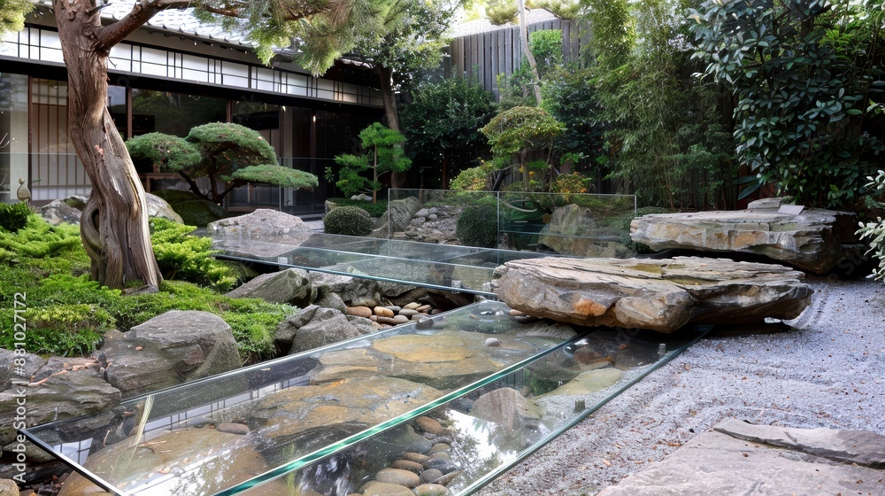 Traditional Japanese Zen Garden with Glass Bridges. A beautifully ...