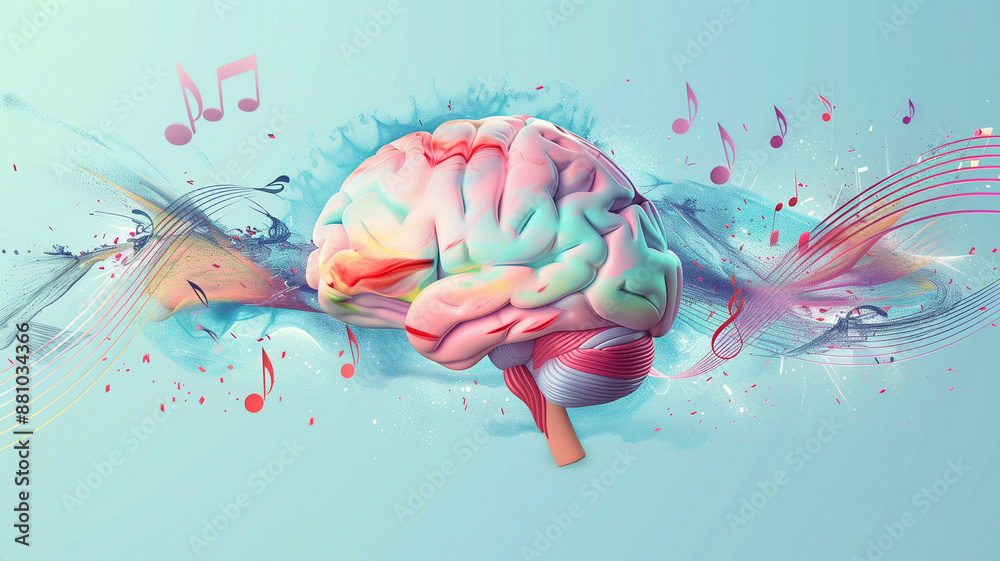 Human brain with vibrant melody wave and music notes, self care and ...