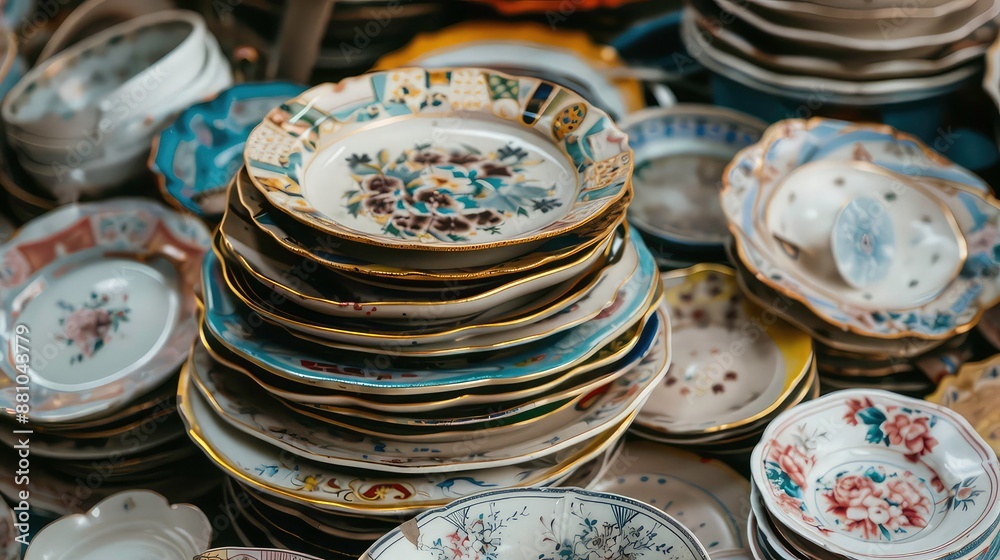 Vintage dishes, pile of old plates. Second hand household objects for ...