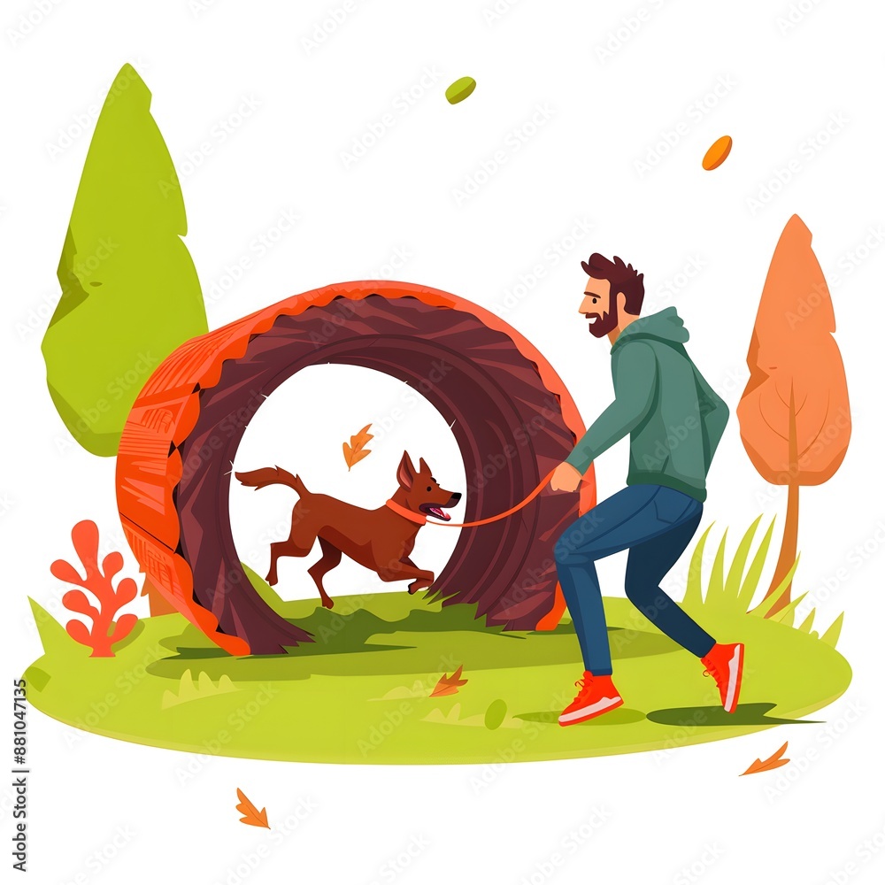 owner training a dog in an outdoor yard. cartoon vector illustration ...