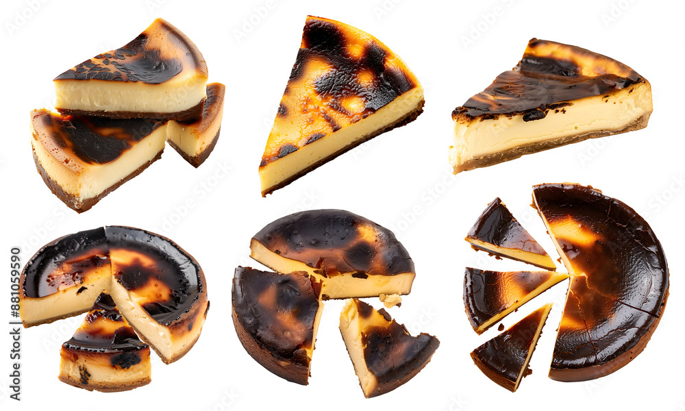 Set of burnt crustless Basque cheesecake cake pastry dessert, on ...