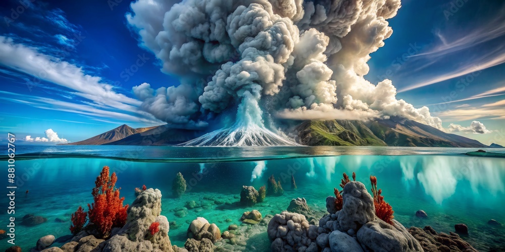 Volcanic Eruption Underwater Split View Above and Below the Surface ...