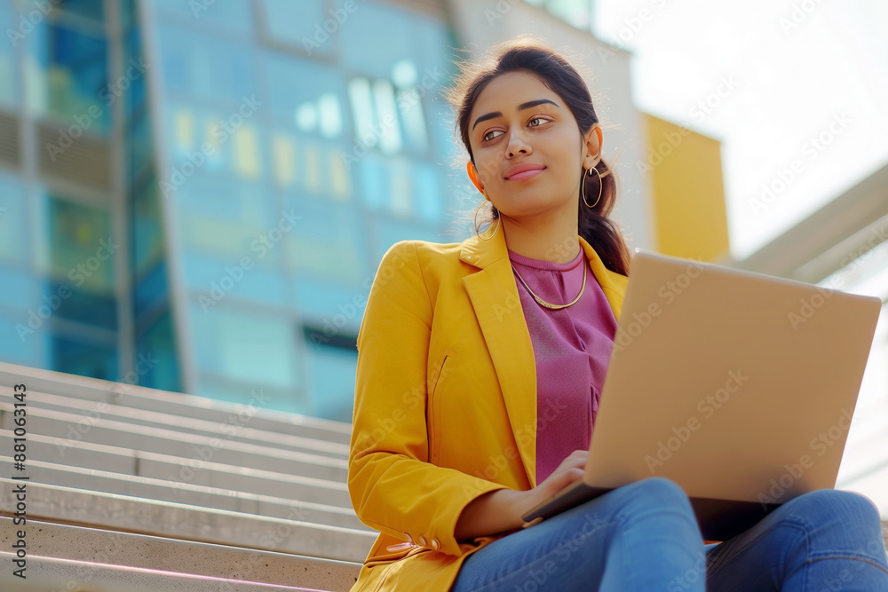 Indian female learner with a computer, sitting on campus stairs ...
