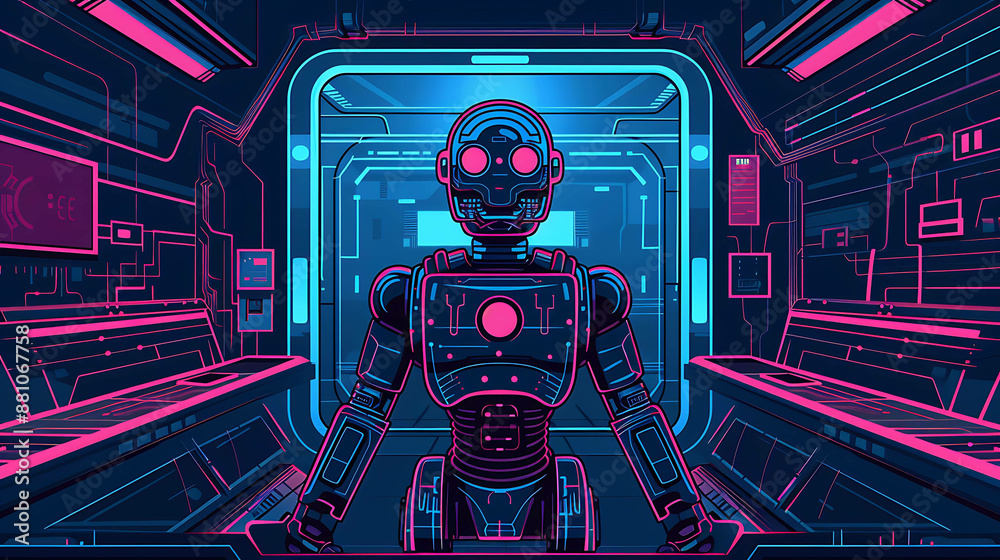 A glowing robot stands in a futuristic spaceship. The robot is made of ...