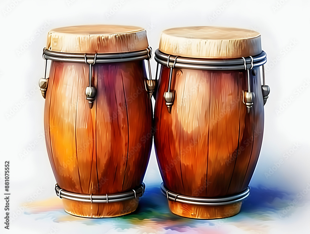 Vibrant conga drums with glossy wooden bodies and shiny metal hardware ...