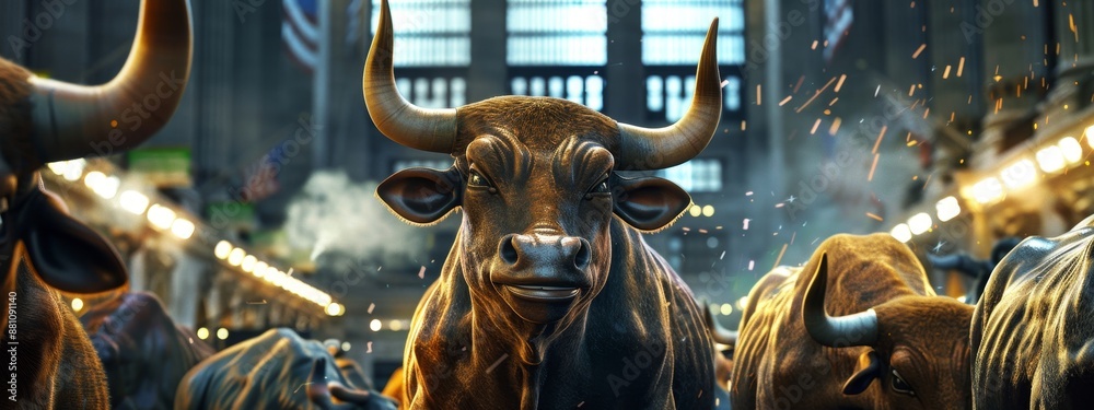 bulls in a city. financial stock bull trade market. successfull ...