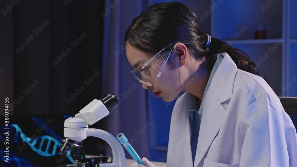 Scientist analyzing samples under a microscope in a modern laboratory ...