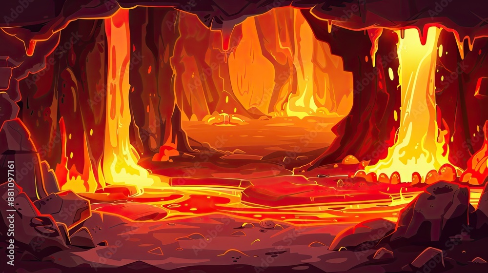 Enigmatic Volcano Cave Game Level with Lava Flow and Dynamic Sprites ...