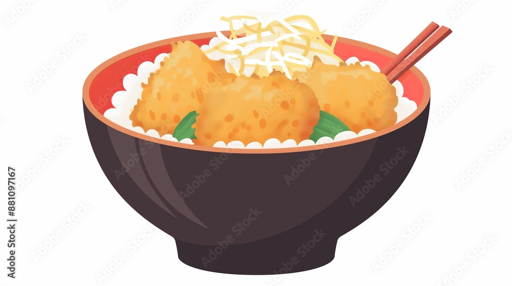 cute illustration of a bowl of katsudon with a fried pork cutlet. Anime ...