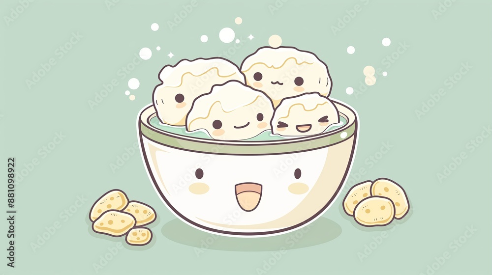 kawaii illustration of a bowl of clam chowder with oyster crackers ...