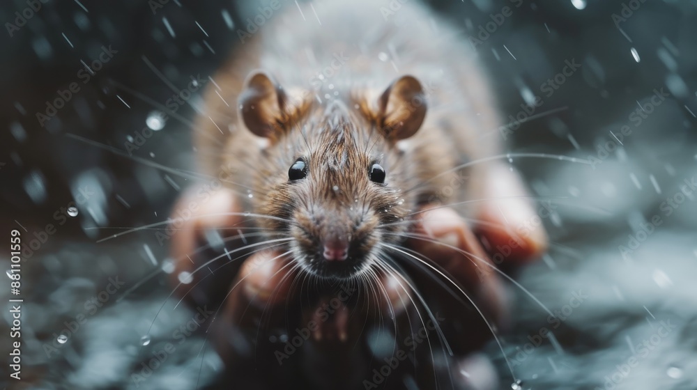A close-up image of a mouse in the rain, highlighting its whiskers and ...