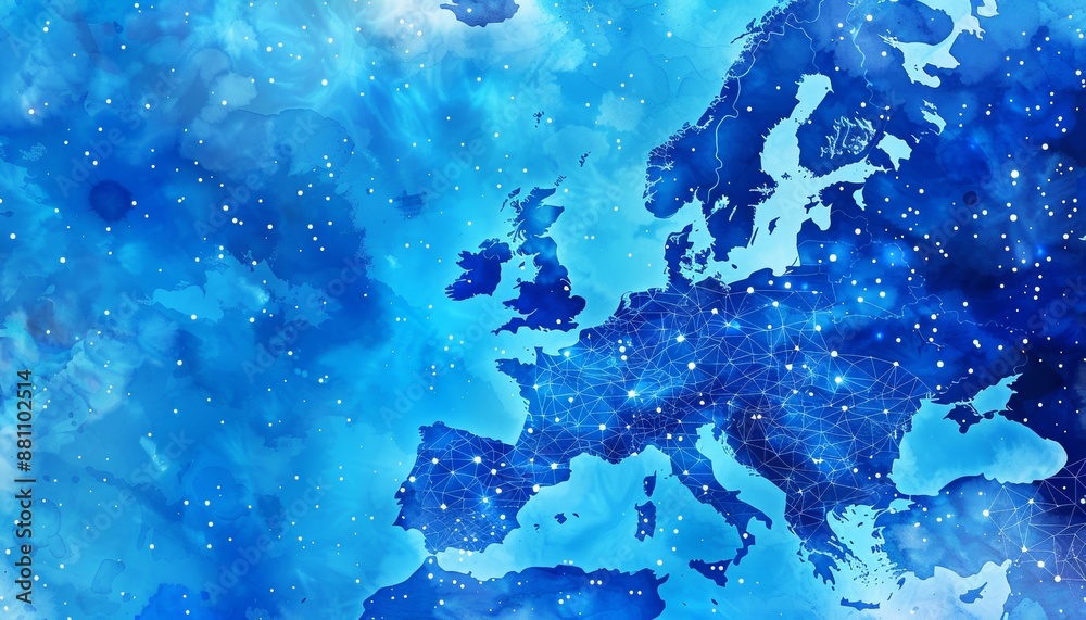 Abstract Watercolor Map of Europe with Stars and Connectivity Lines in ...