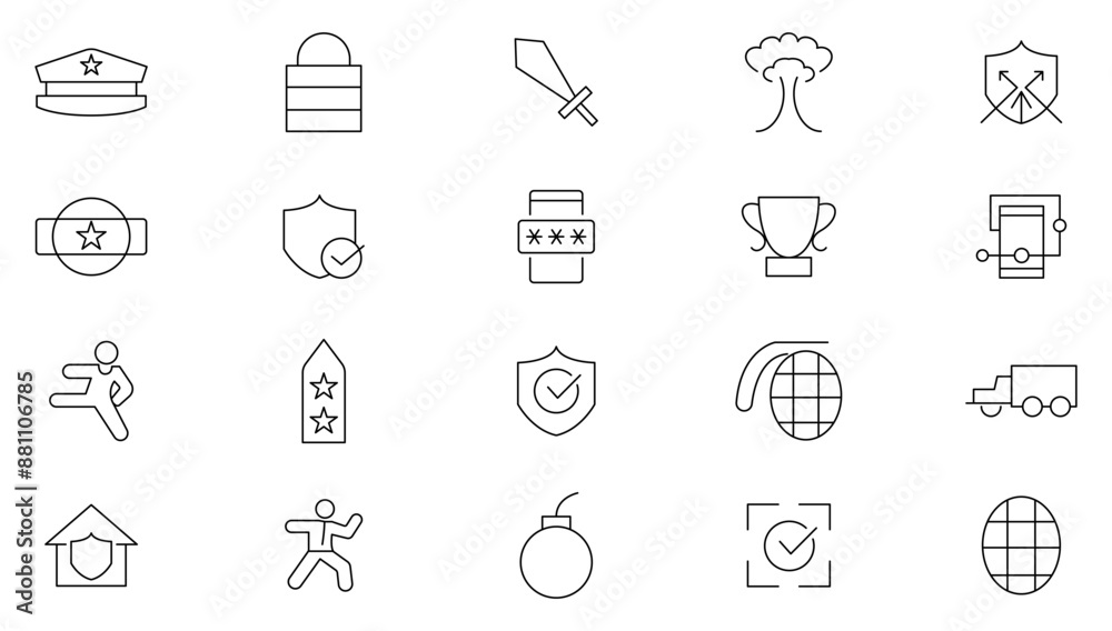Defense line icon set. Military, army, war, battle, conflict, military ...