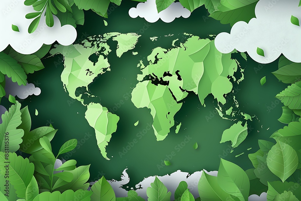 Green leaves and clouds form the continents of the world map on a dark ...