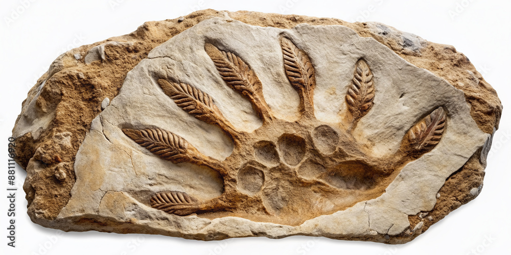 Large dinosaur footprint fossil cast isolated on a pure white ...