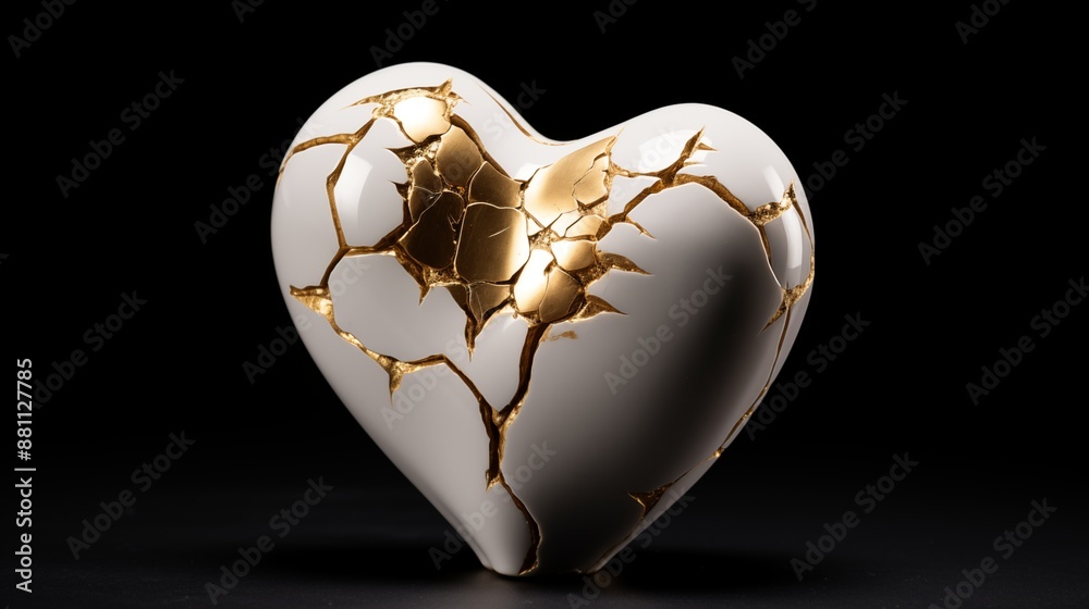 Kintsugi Upcycled white porcelain ceramic heart with golden cracks ...