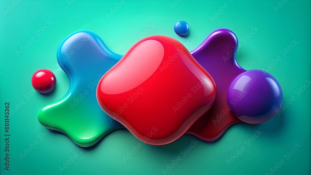 Red flat shape and green fluid blob, blue liquid stain and violet ...