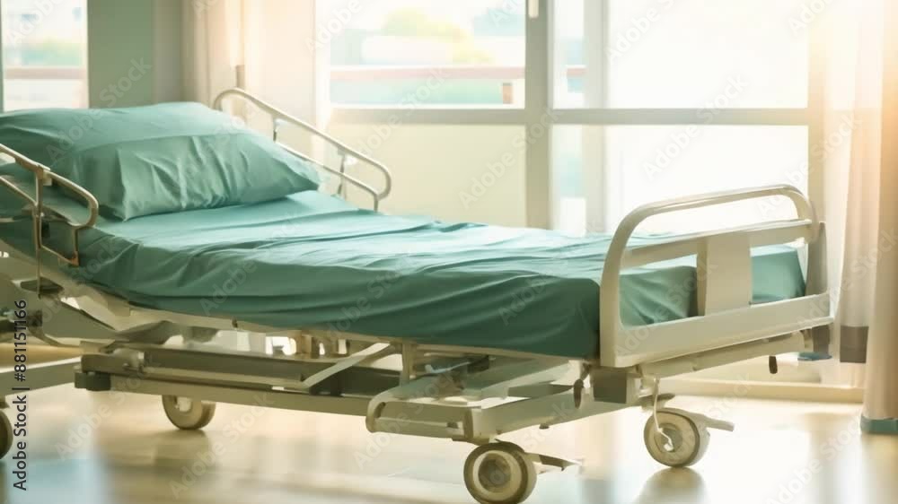 Empty hospital bed in a bright modern clinical room with patient ...