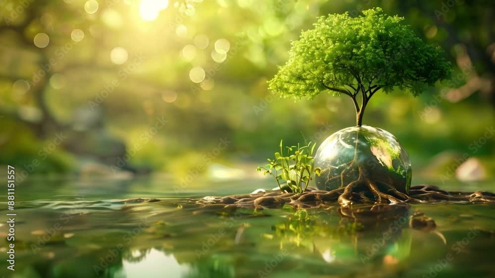 3D artwork depicting tree roots reaching into globe of water to ...