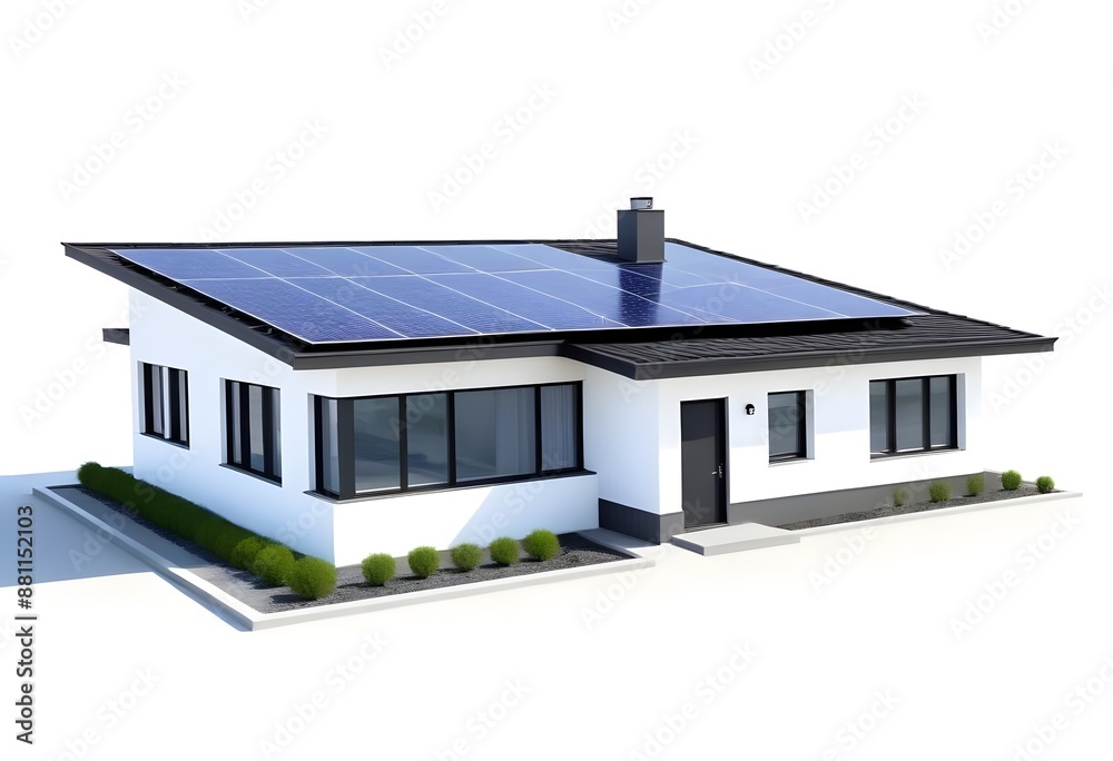 A modern two-story house with a flat roof, solar panels on the roof ...
