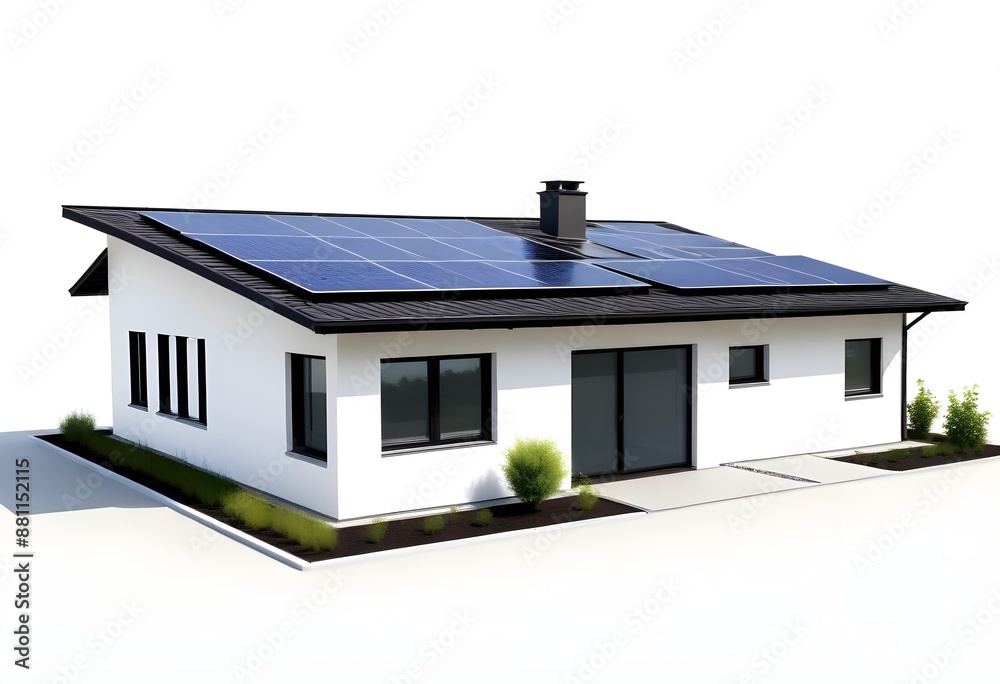 A modern two-story house with a flat roof, solar panels on the roof ...