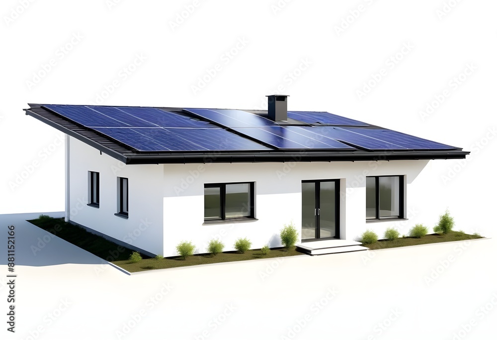 A modern two-story house with a flat roof, solar panels on the roof ...