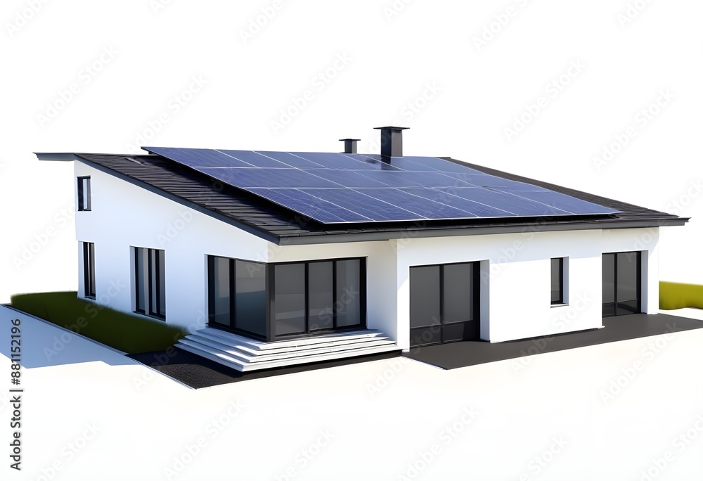 A modern two-story house with a flat roof, solar panels on the roof ...