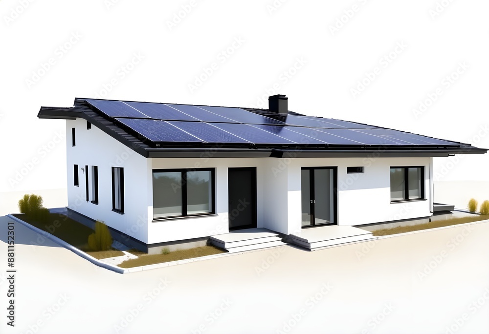 A modern two-story house with a flat roof, solar panels on the roof ...