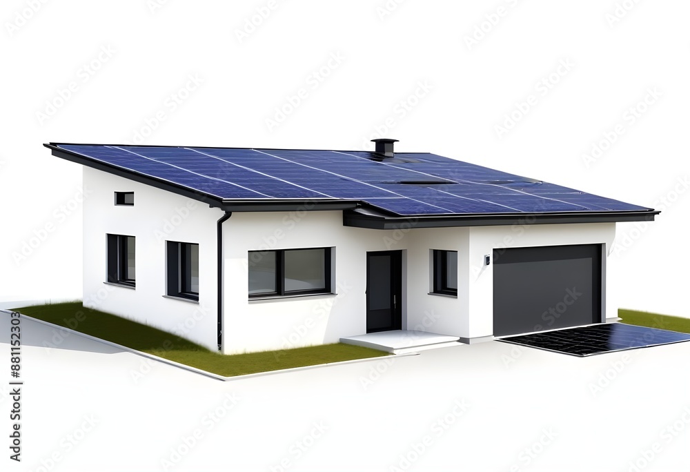 A modern two-story house with a flat roof, solar panels on the roof ...