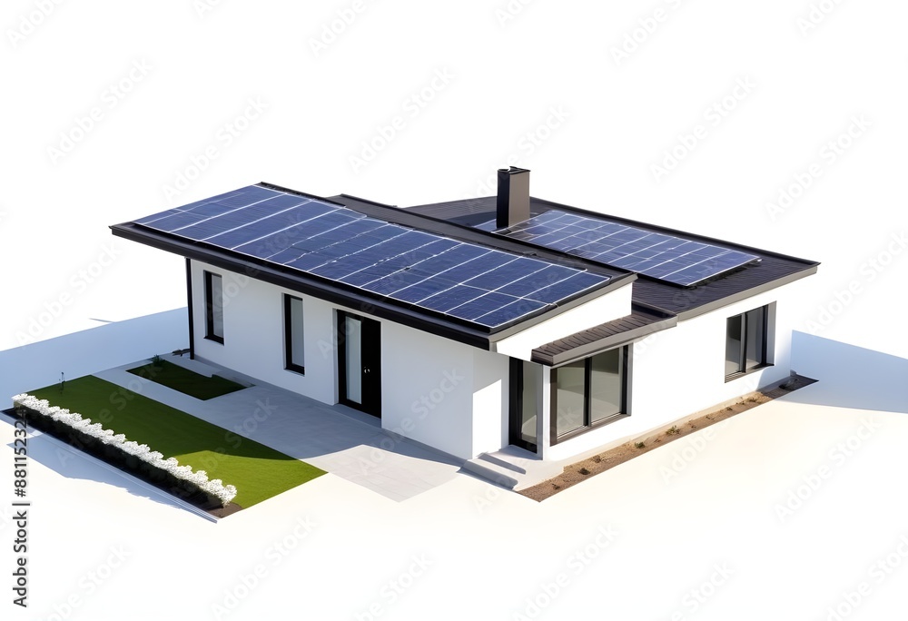 A modern two-story house with a flat roof, solar panels on the roof ...