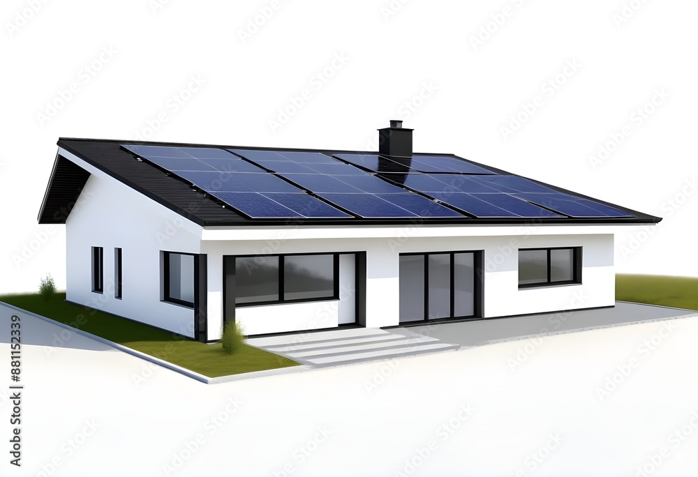 A modern two-story house with a flat roof, solar panels on the roof ...