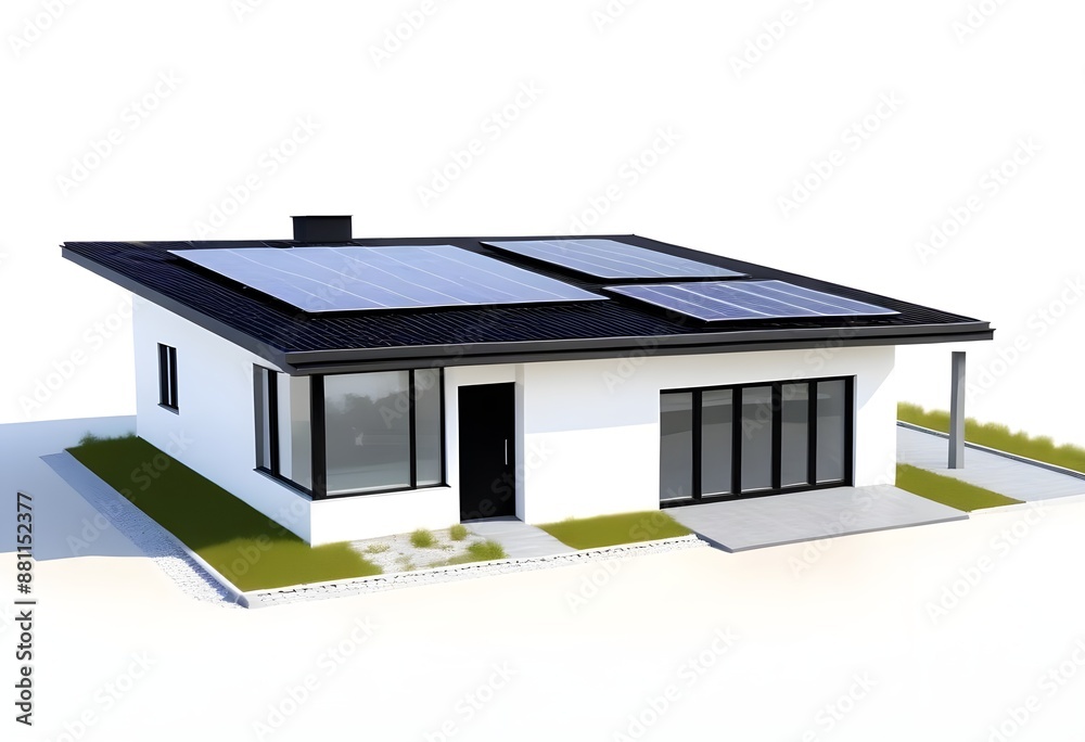 A modern two-story house with a flat roof, solar panels on the roof ...