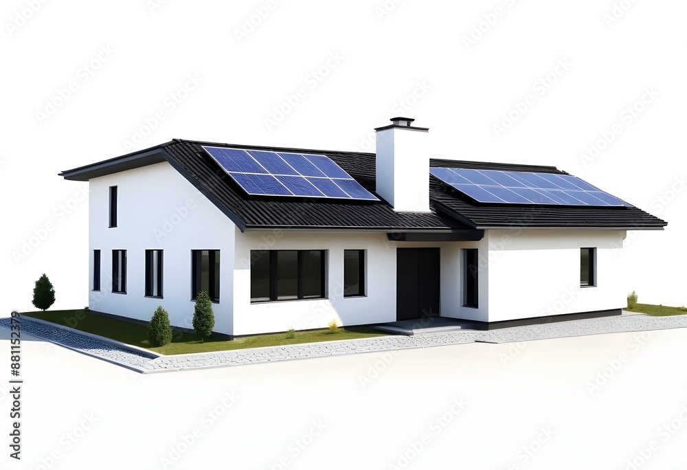 A modern two-story house with a flat roof, solar panels on the roof ...