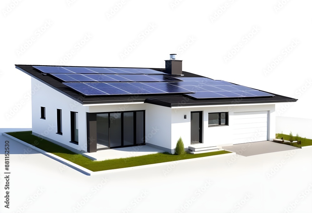 A modern two-story house with a flat roof, solar panels on the roof ...