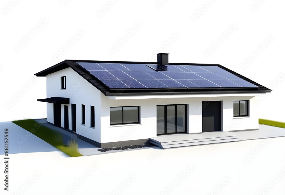 A modern two-story house with a flat roof, solar panels on the roof ...