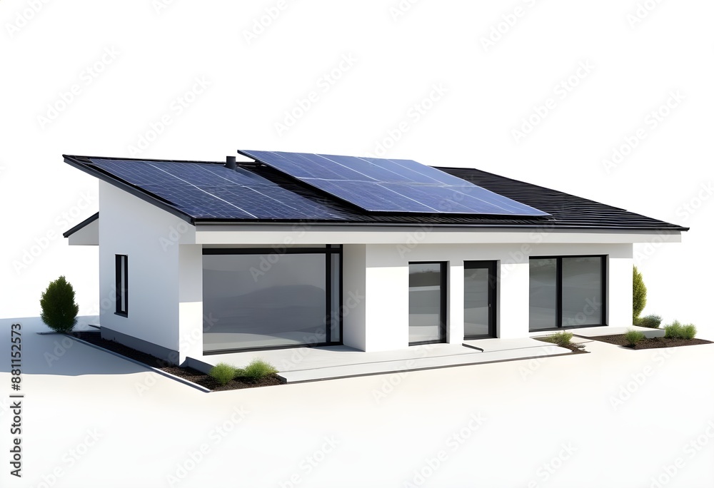 A modern two-story house with a flat roof, solar panels on the roof ...