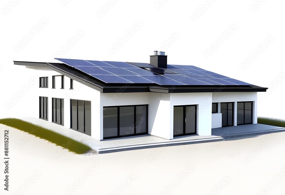 A modern two-story house with a flat roof, solar panels on the roof ...