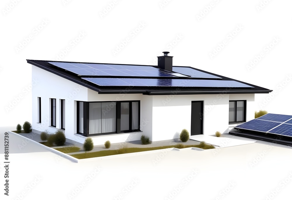 A modern two-story house with a flat roof, solar panels on the roof ...