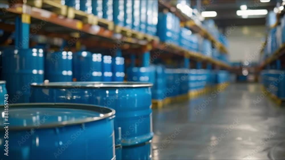 Storage of Blue Drums Filled with Chemicals on Pallets in Warehouse for ...