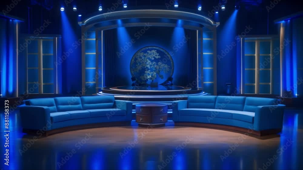 TV studio set being prepared for talk show variety program. Concept TV ...