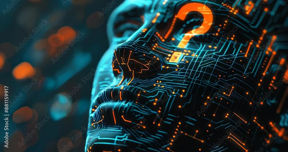 Ethical dilemmas in AI depicted by holographic human face with circuits ...