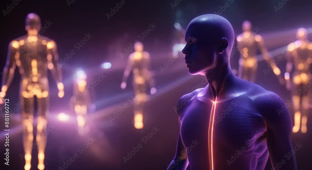Glowing hologram of human body 3D structure with dark background ...