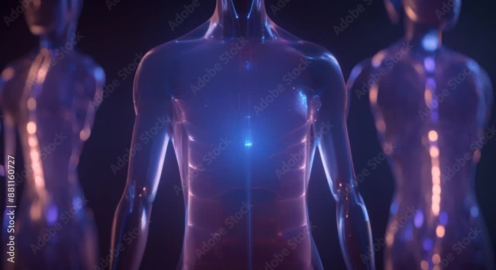 Glowing hologram of human body 3D structure with dark background ...