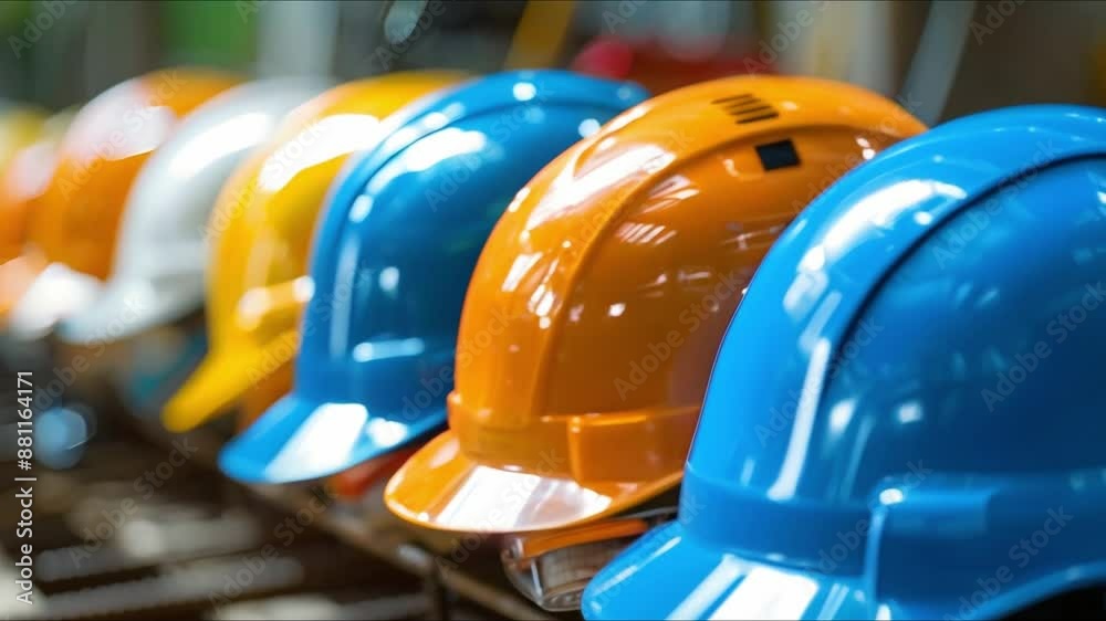 Variety of colored safety helmets on a construction site represent ...