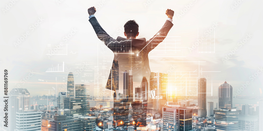 Employee celebrates success, arms raised in business professional ...