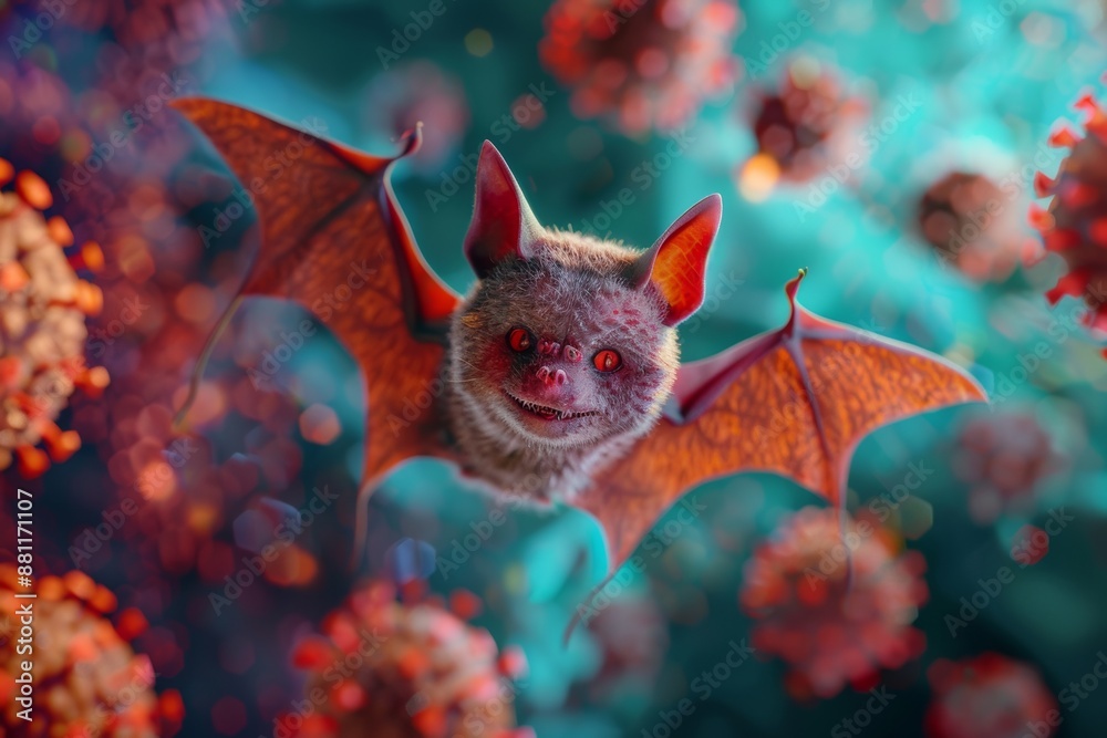 Cute yet spooky bat's head shown virus black backdrop. Dark and moody ...