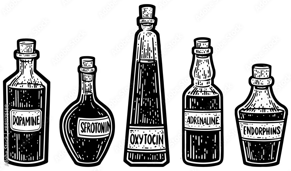 Hormone bottles with dopamine serotonin oxytocin adrenaline and ...