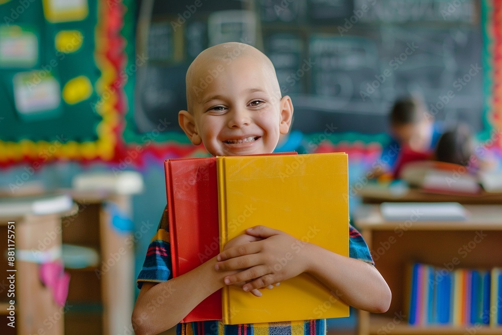 Cheerful child beams while hugging colorful schoolbooks classroom ...