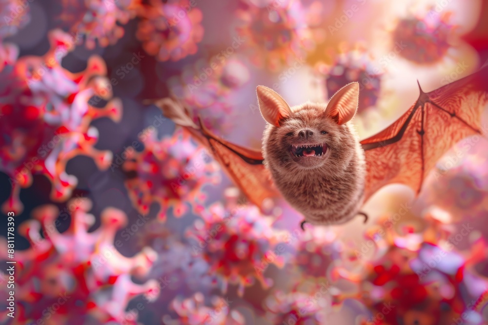 Dark and moody digital creation featuring virus shaped bat head ...